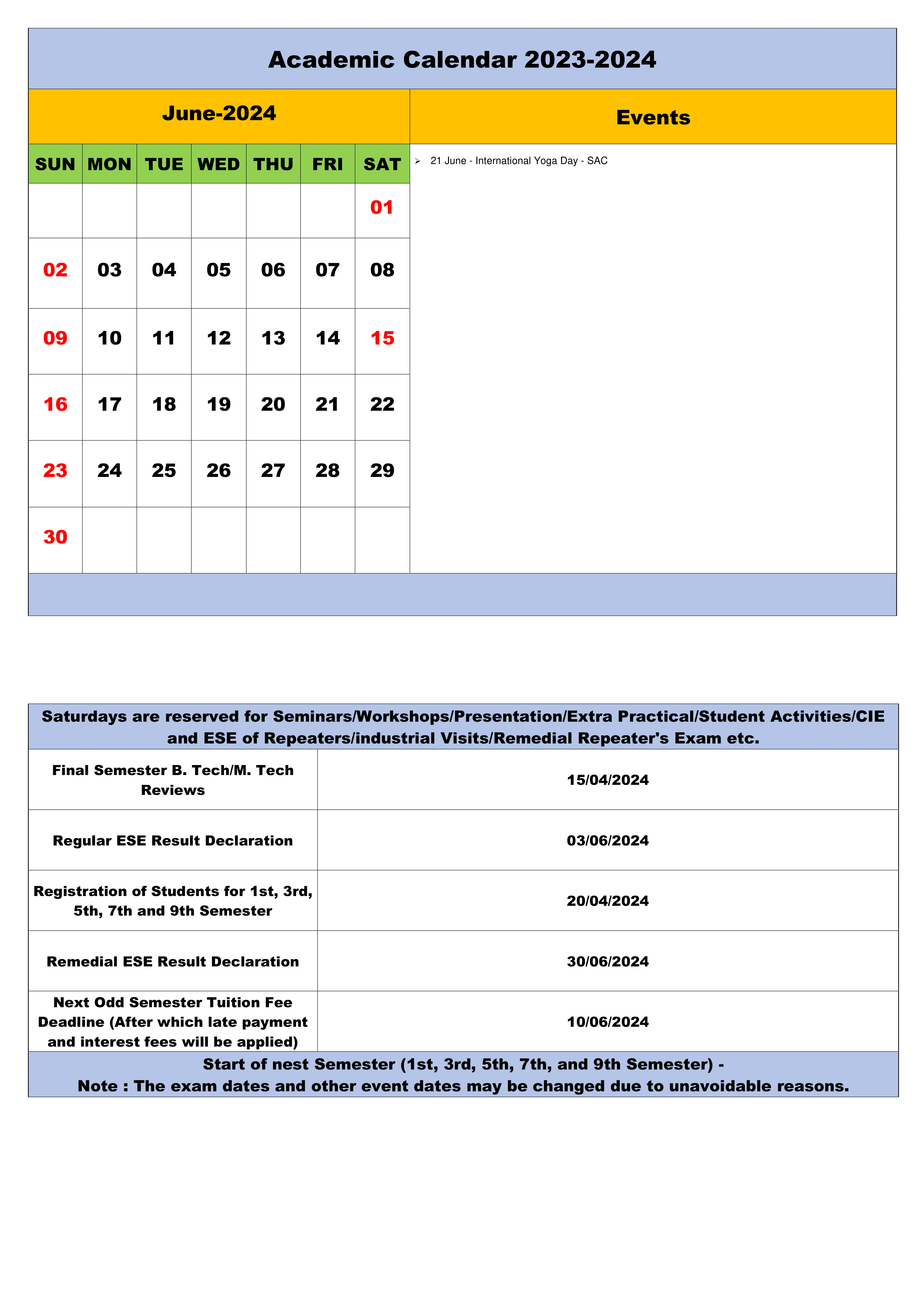 Indus University Academics Calendar for 2022-23