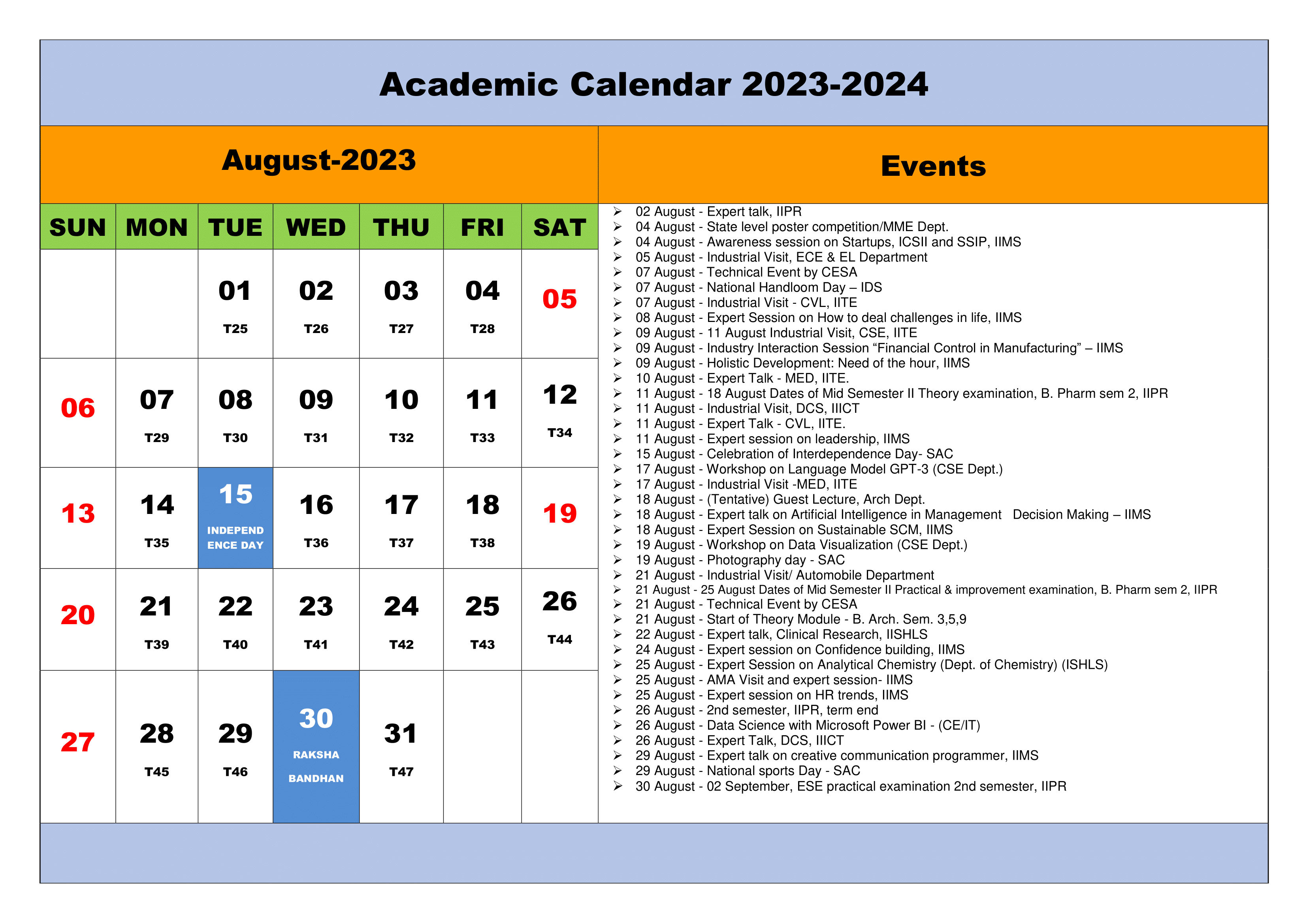 Indus University Academics Calendar for 2022-23