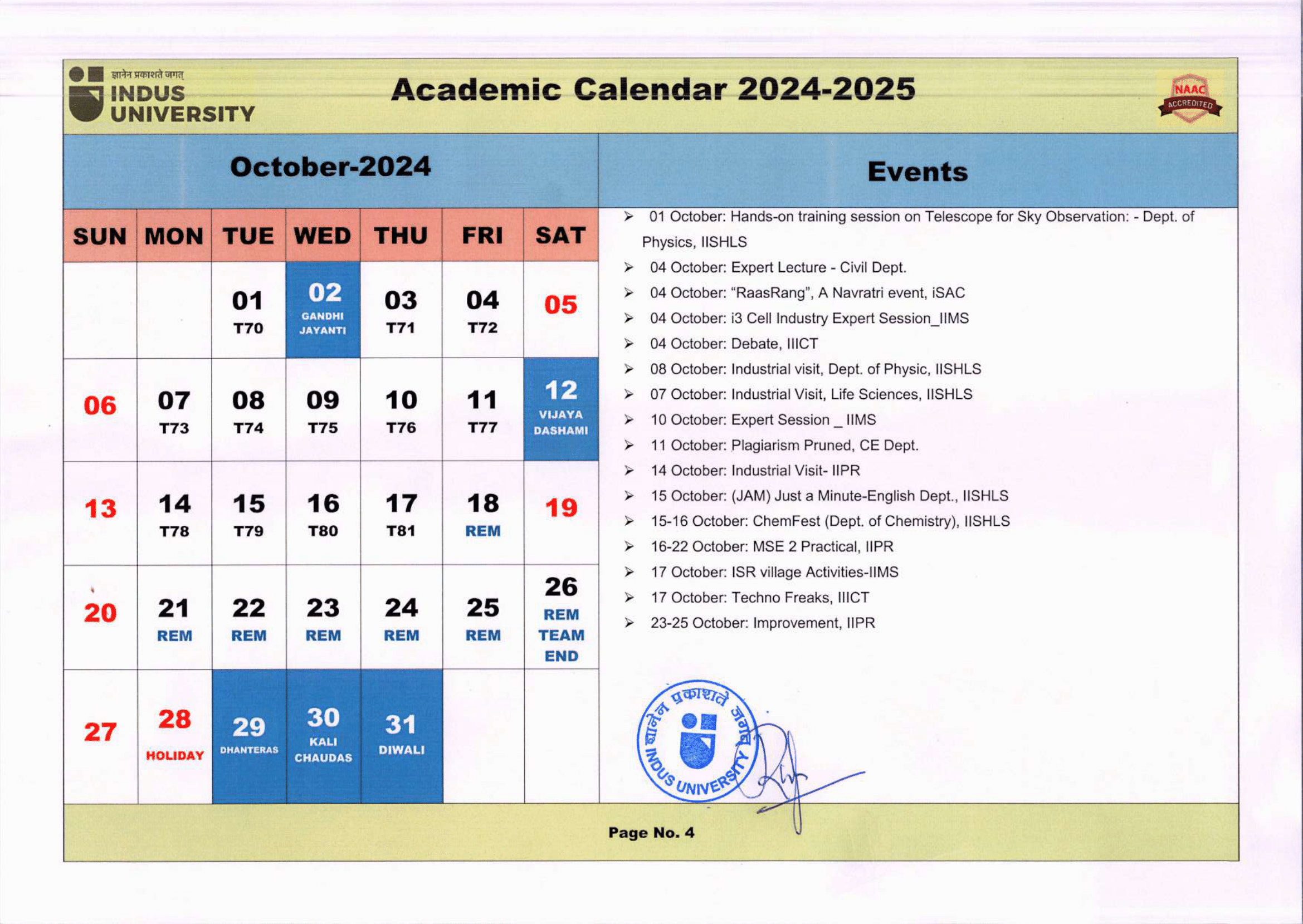 Indus University Academics Calendar for 2022-23